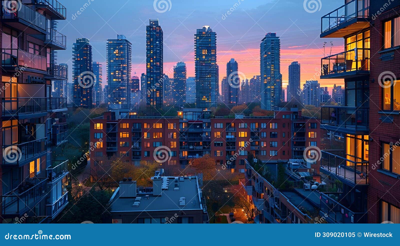 Row of Buildings with an Urban Skyline in the Distance, AI-generated ...