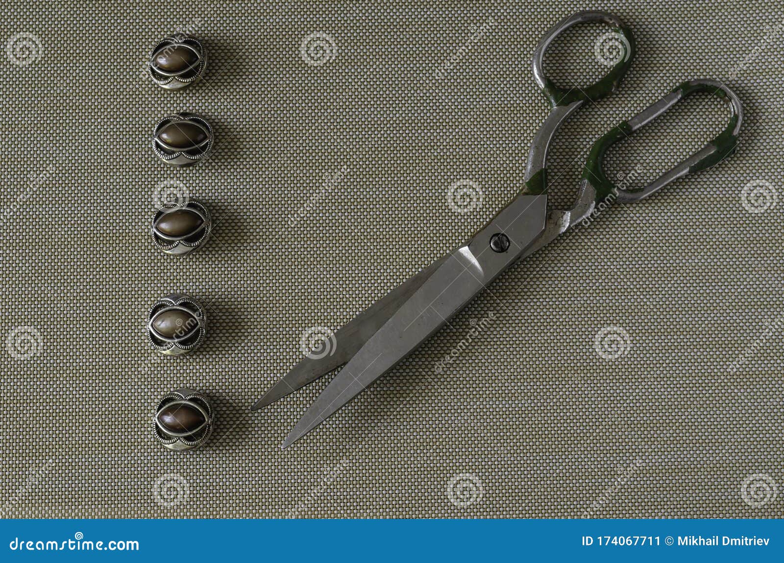 Row of Buttons and Old Scissors on the Table Stock Image - Image of ...