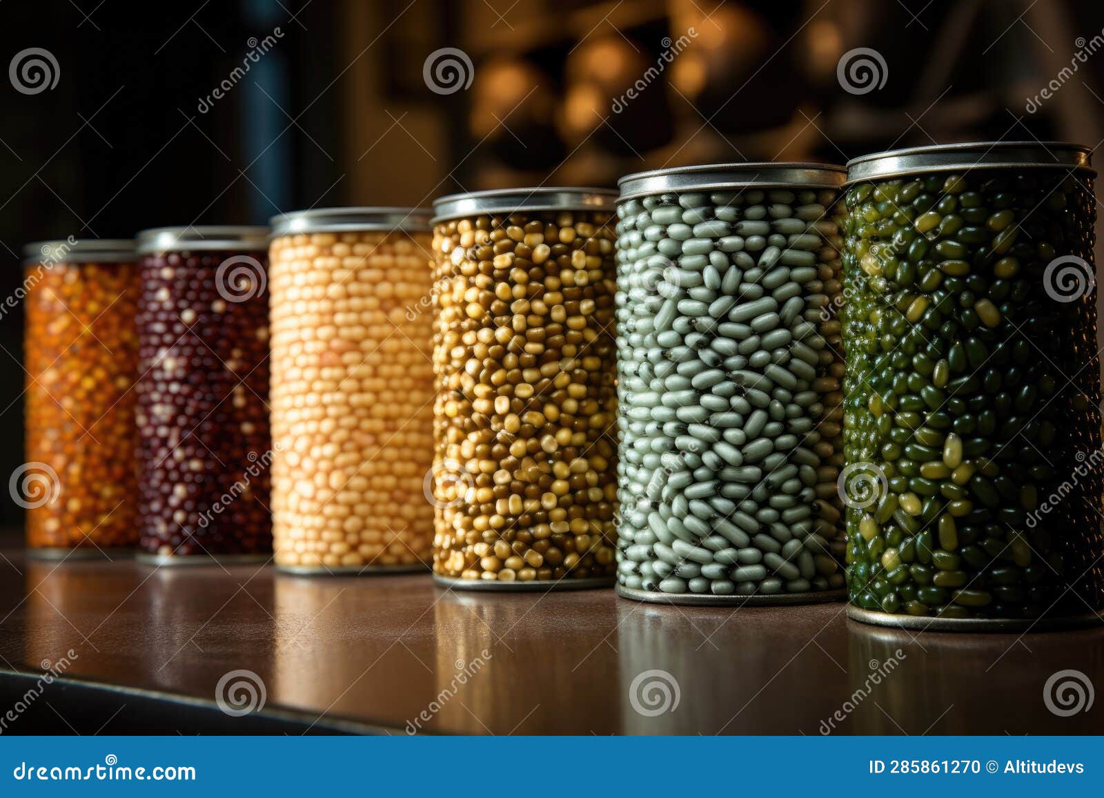 Row of Canned Goods with Focus on Their Unique Textures Stock Photo ...