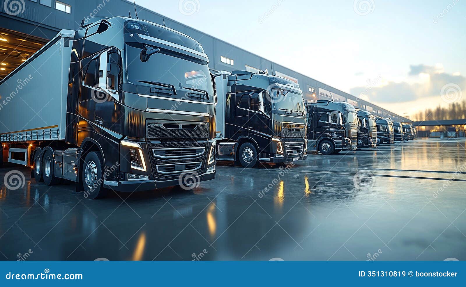 Row of Cargo Trucks Ready for Loading at a Logistics Center ...