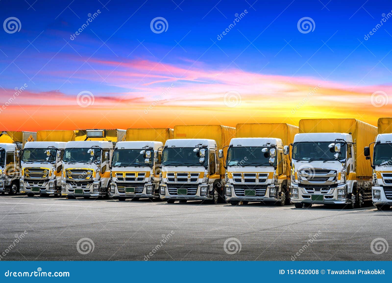 Row Of Cargo Vehicles. Freight Transportation. Cargo Truck Park Stock ...