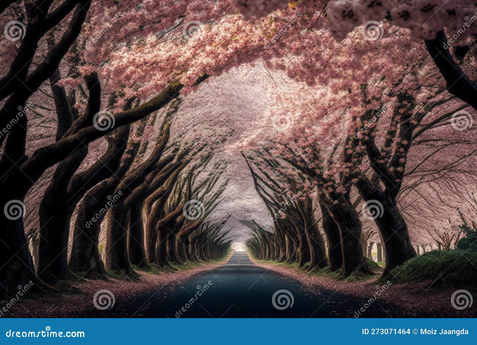 Row of Cherry Blossom Trees in Full Bloom and Tree-lined Road Stock ...