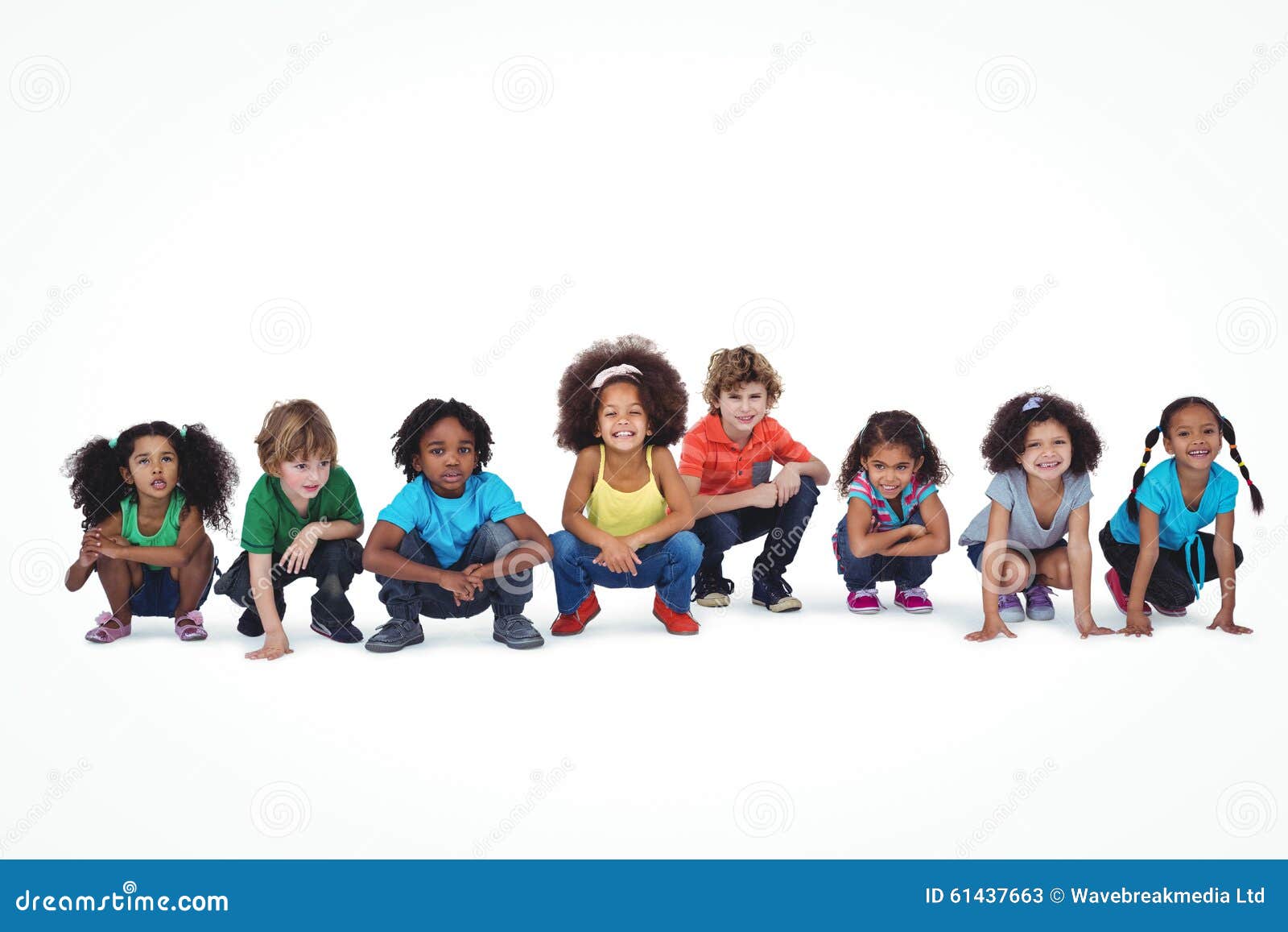 A Row of Children Crouching Down Together Stock Image - Image of female ...