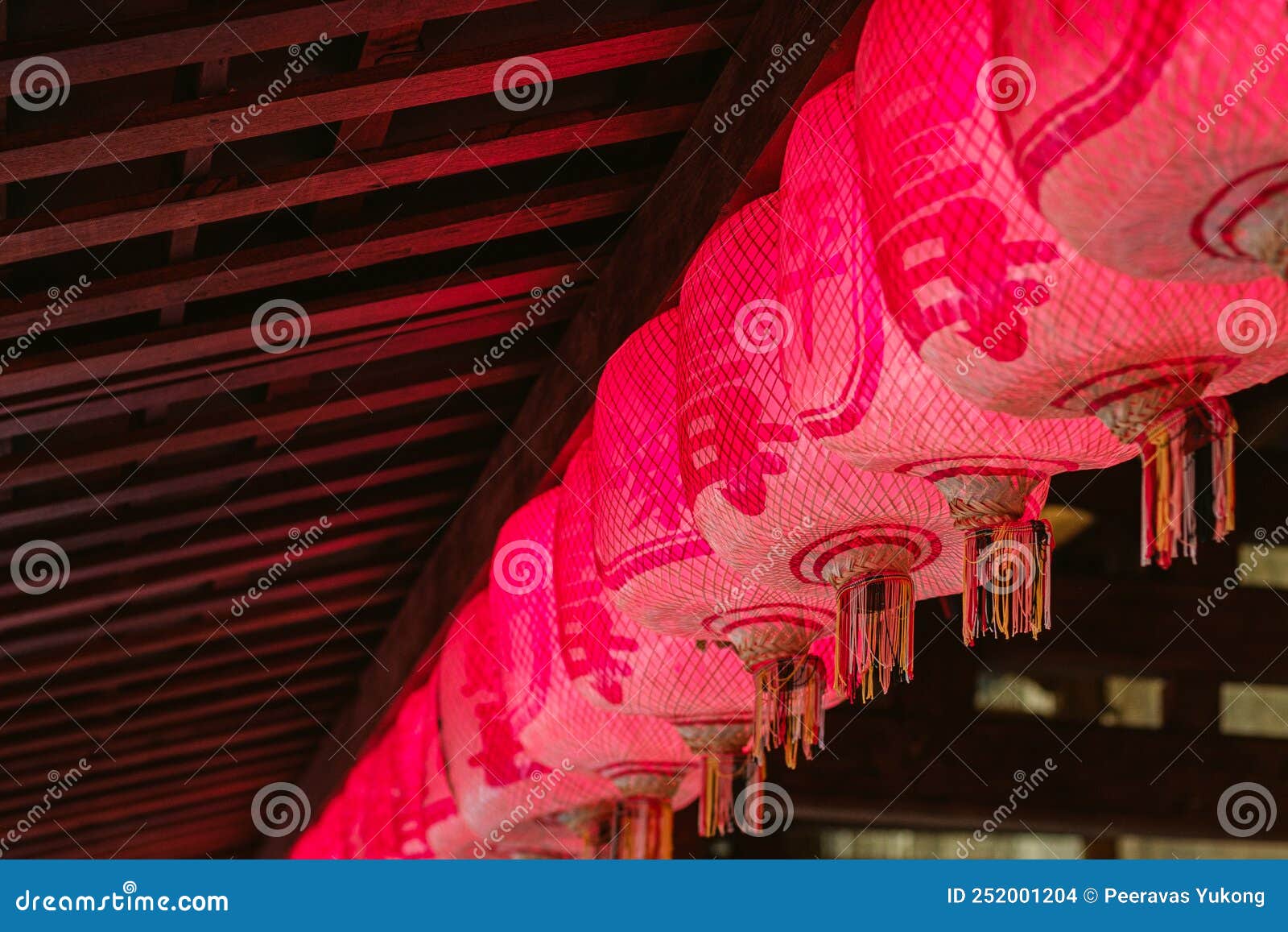 A Row of Chinese Red Lanterns Hang on the Ceiling Stock Photo - Image ...