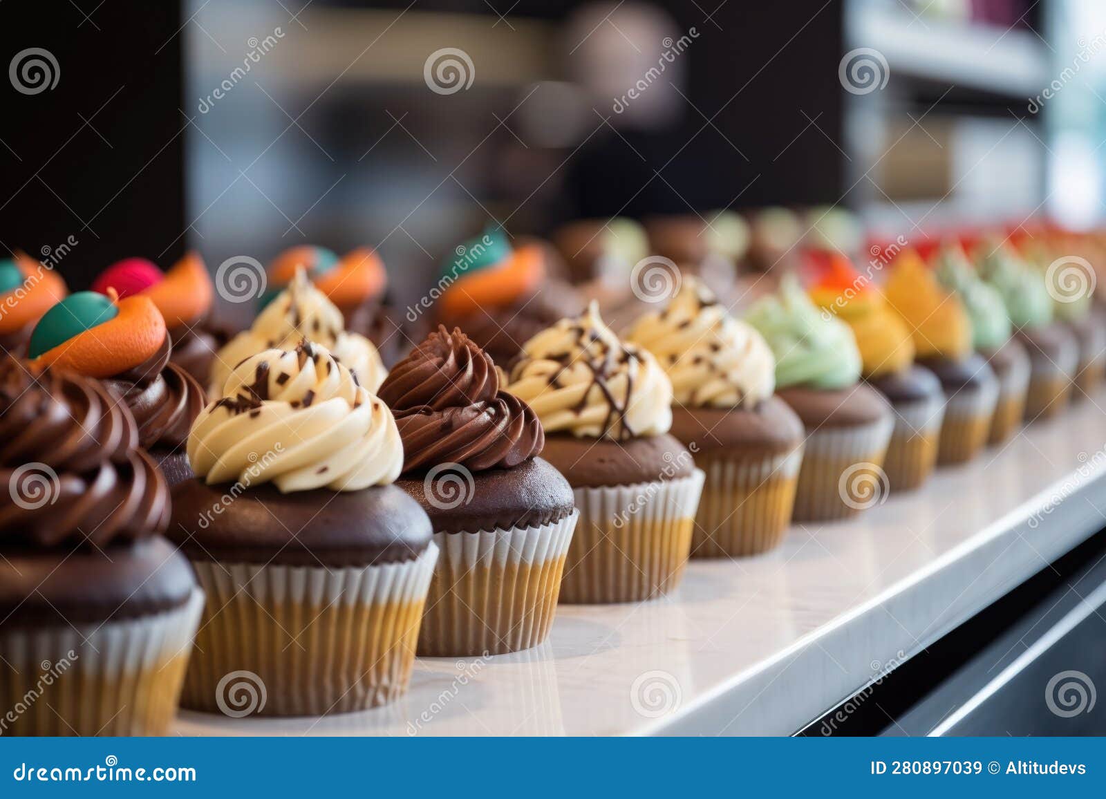 Row of Classic and Gourmet Cupcakes on Display at Bakery or Cafe Stock ...