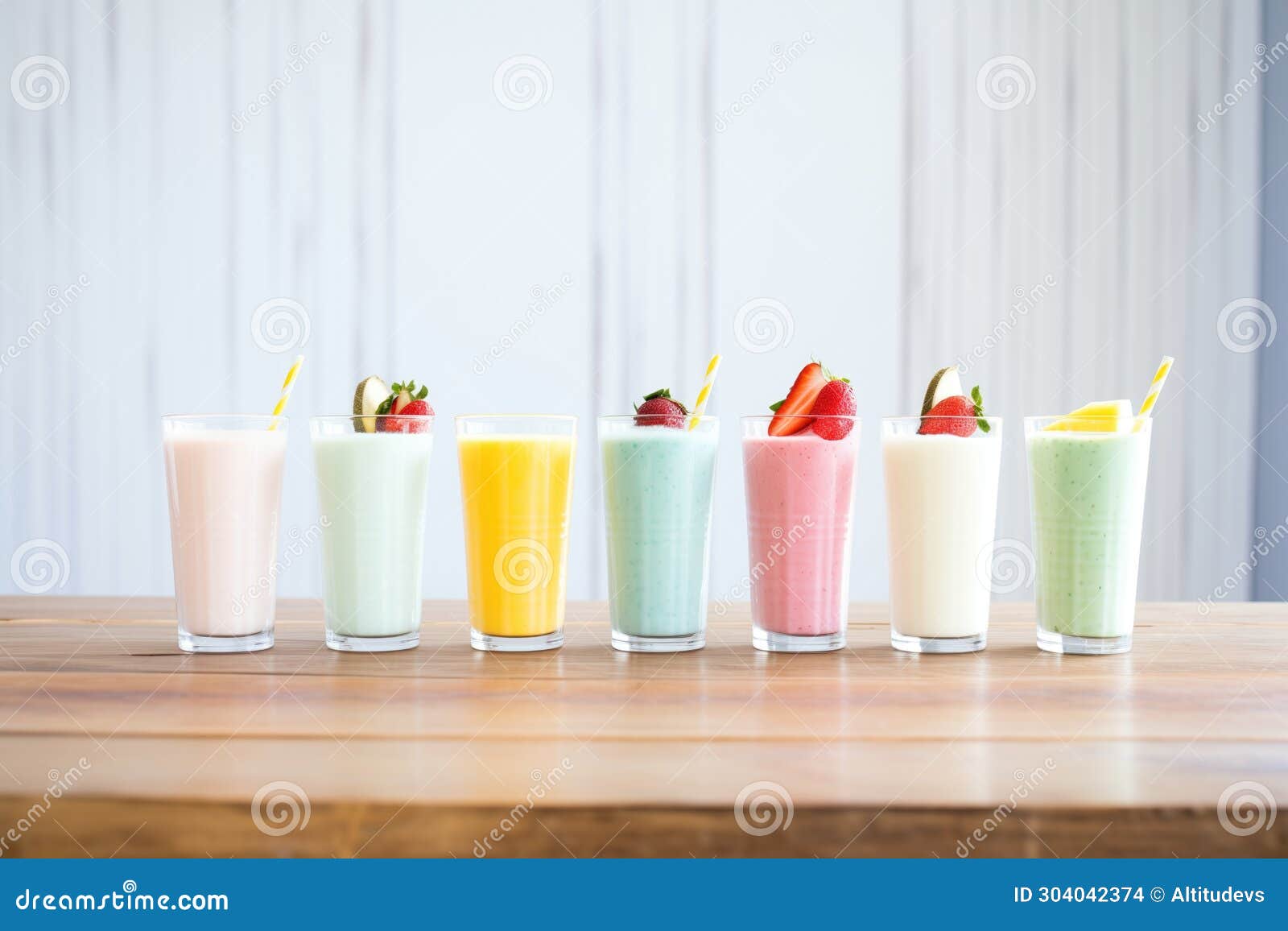 A Row of Coconut Water Smoothie Glasses, Each with a Different Colored ...