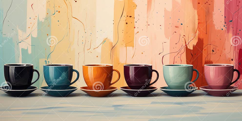 A Row of Coffee Cups Sitting on Top of a Table. Stock Illustration ...