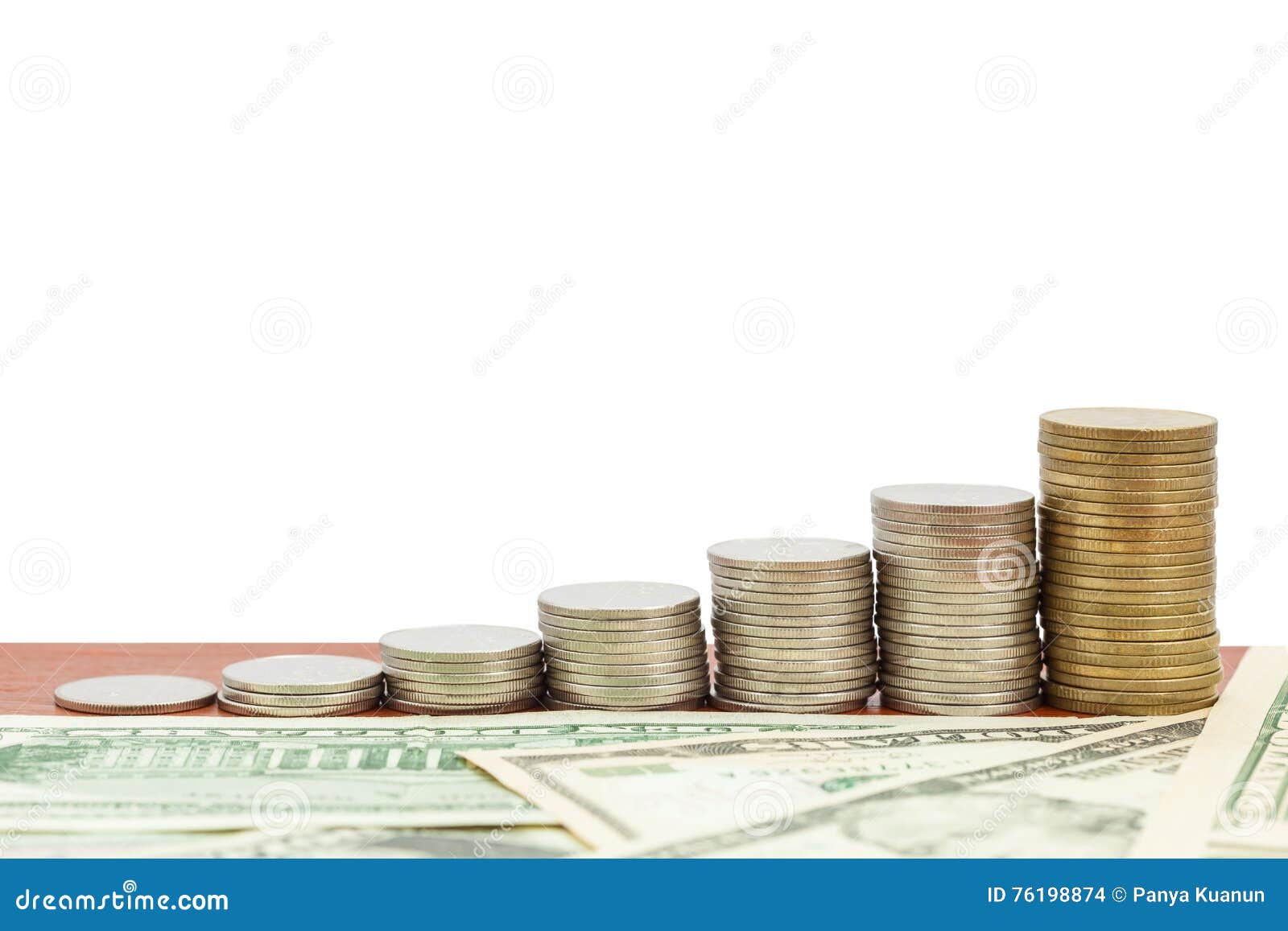 Row of Coins with Dollar Banknote on Wood Table,financial Concep Stock ...