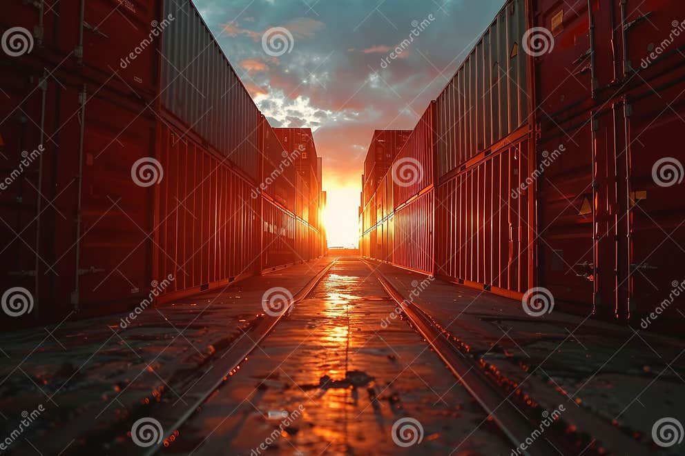 Row of Colored Cargo Containers on Both Sides at Sunset, Cargo ...