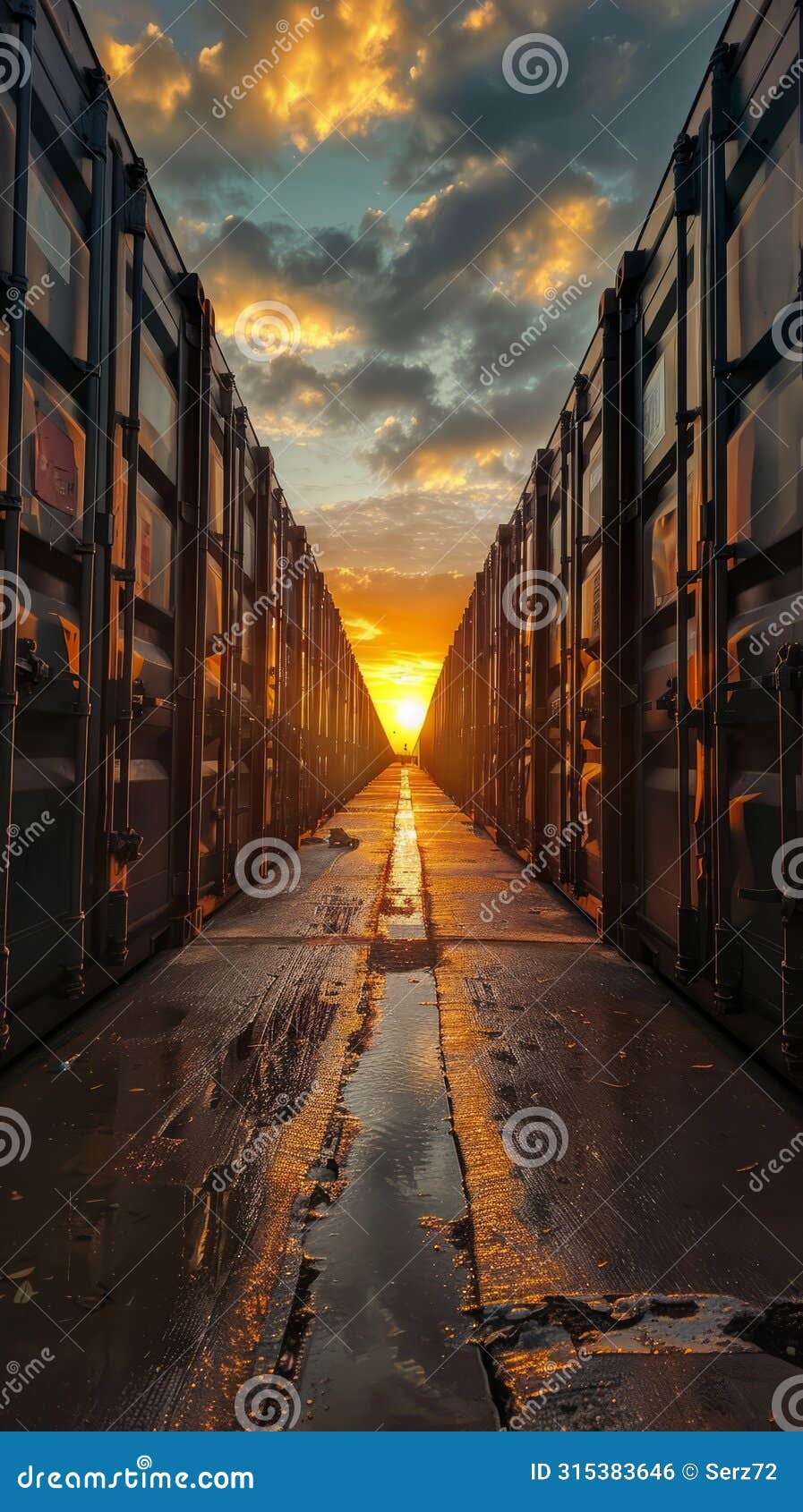 Row Of Colored Cargo Containers On Both Sides At Sunset, Cargo ...