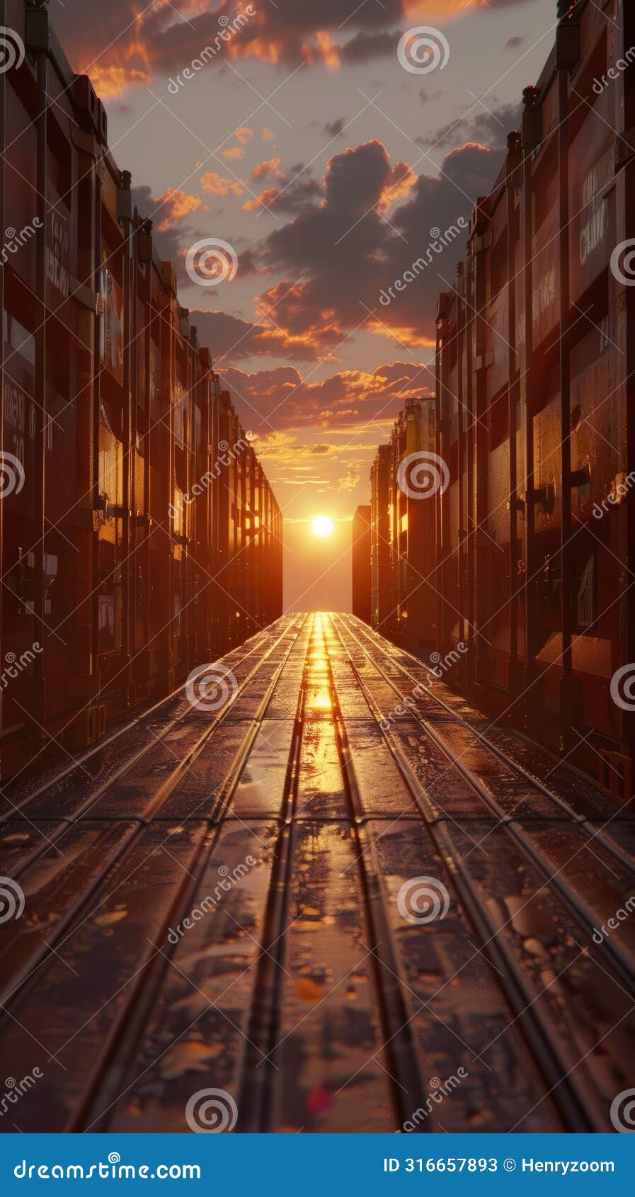 Row of Colored Cargo Containers on Both Sides at Sunset, Cargo ...