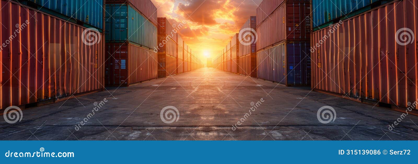 Row of Colored Cargo Containers on Both Sides at Sunset, Cargo ...