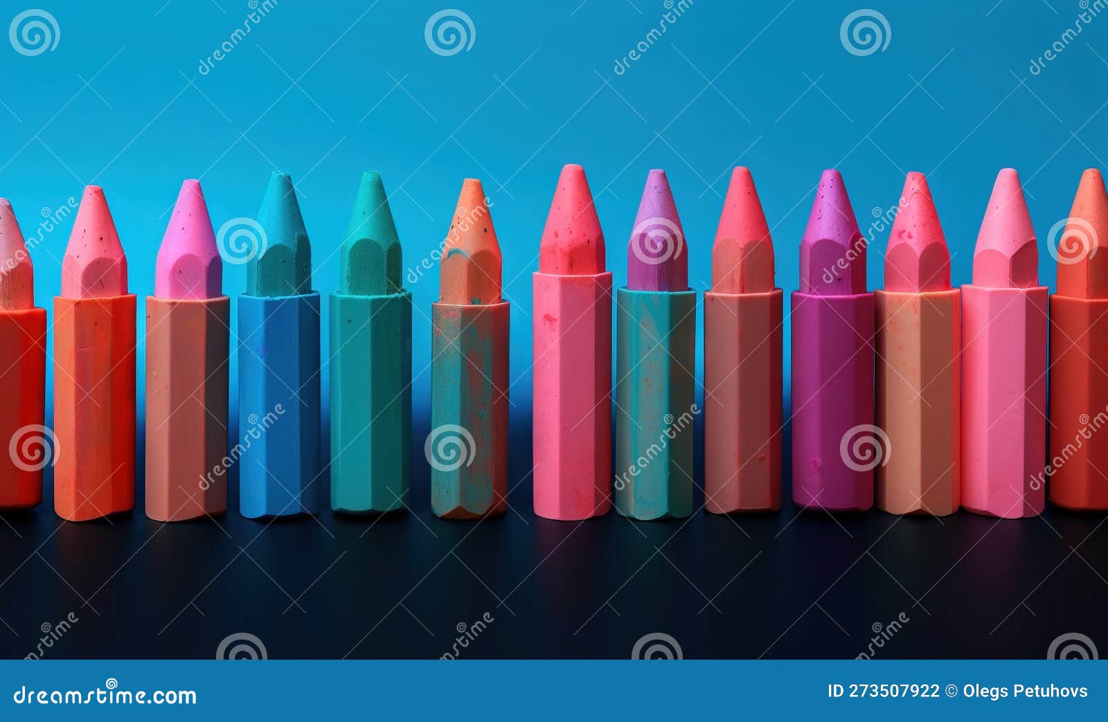 A Row of Colored Crayons on a Black Surface with a Blue Background and ...