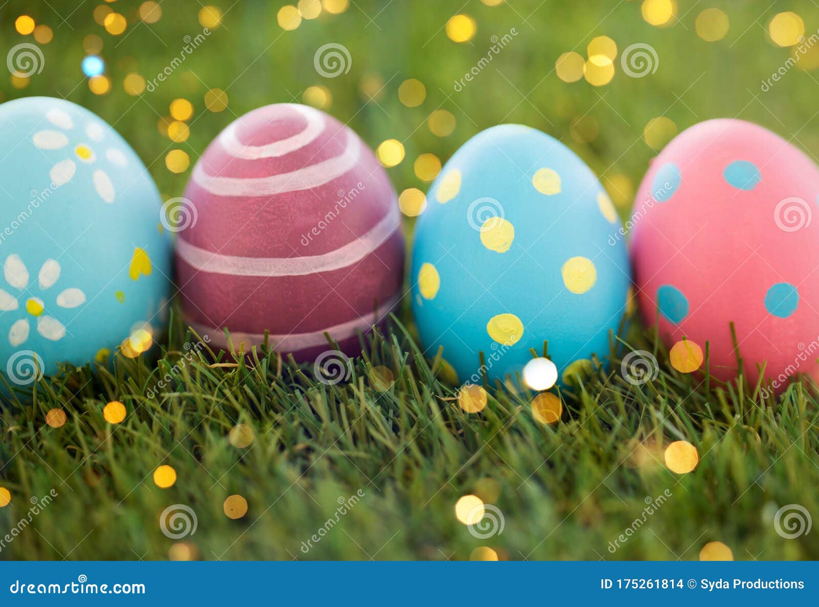 Row of Colored Easter Eggs on Artificial Grass Stock Photo - Image of ...