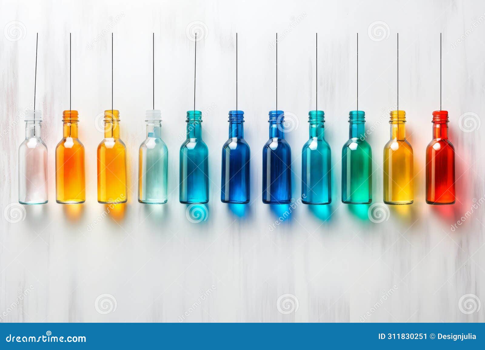 Row of Colored Glass Bottles with Clear Liquid and Applicator for Lab ...