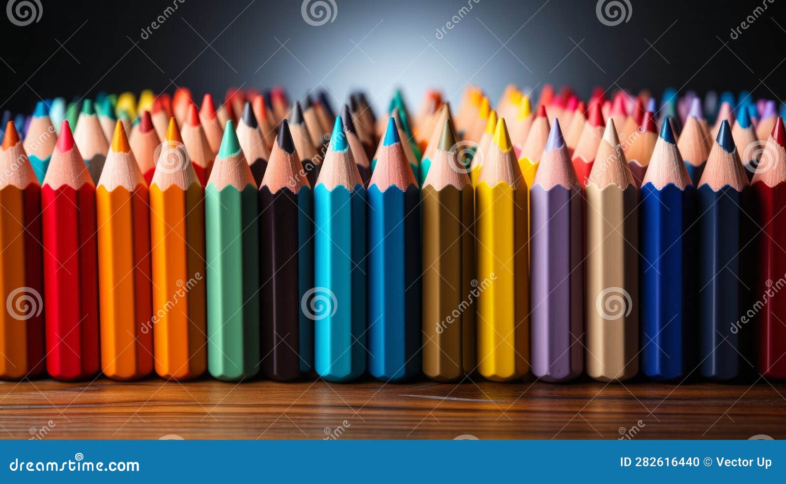 Row of Colored Pencils Sitting on Top of Woode. Generative AI. Stock ... Row of Colored Pencils Sitting on Top of Woode. Generative AI. Stock ...