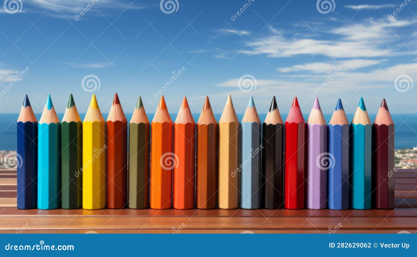 Row of Colored Pencils Sitting on Top of Woode. Generative AI. Stock ... Row of Colored Pencils Sitting on Top of Woode. Generative AI. Stock ...