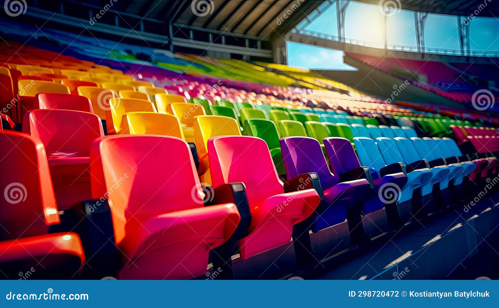 Row of Colorful Chairs in Stadium with Bright Sky in the Background ...