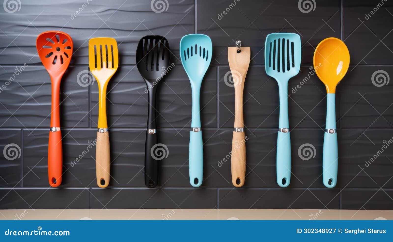 A Row of Colorful Kitchen Utensils Lined Up on a Black Tile, AI Stock ...