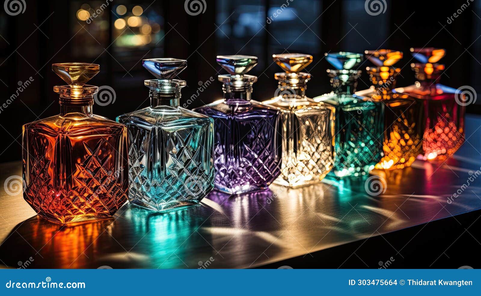 Row of Colorful Perfume Bottles Arranged on a Dark Background ...