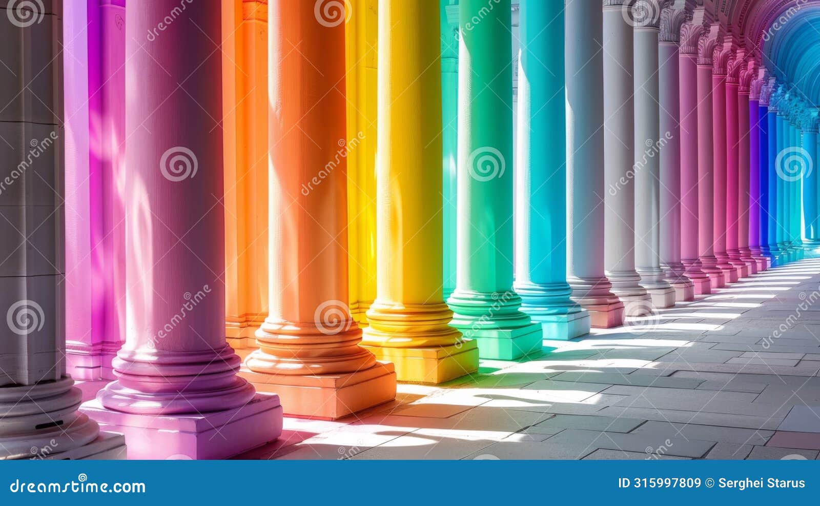 A Row of Colorful Pillars in a Hallway with Sunlight Shining through ...