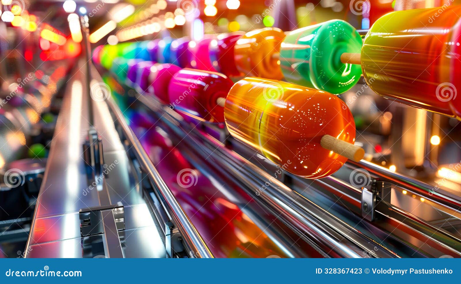 A Row of Colorful Popsicles on a Conveyor Belt in a Carnival Stock ...