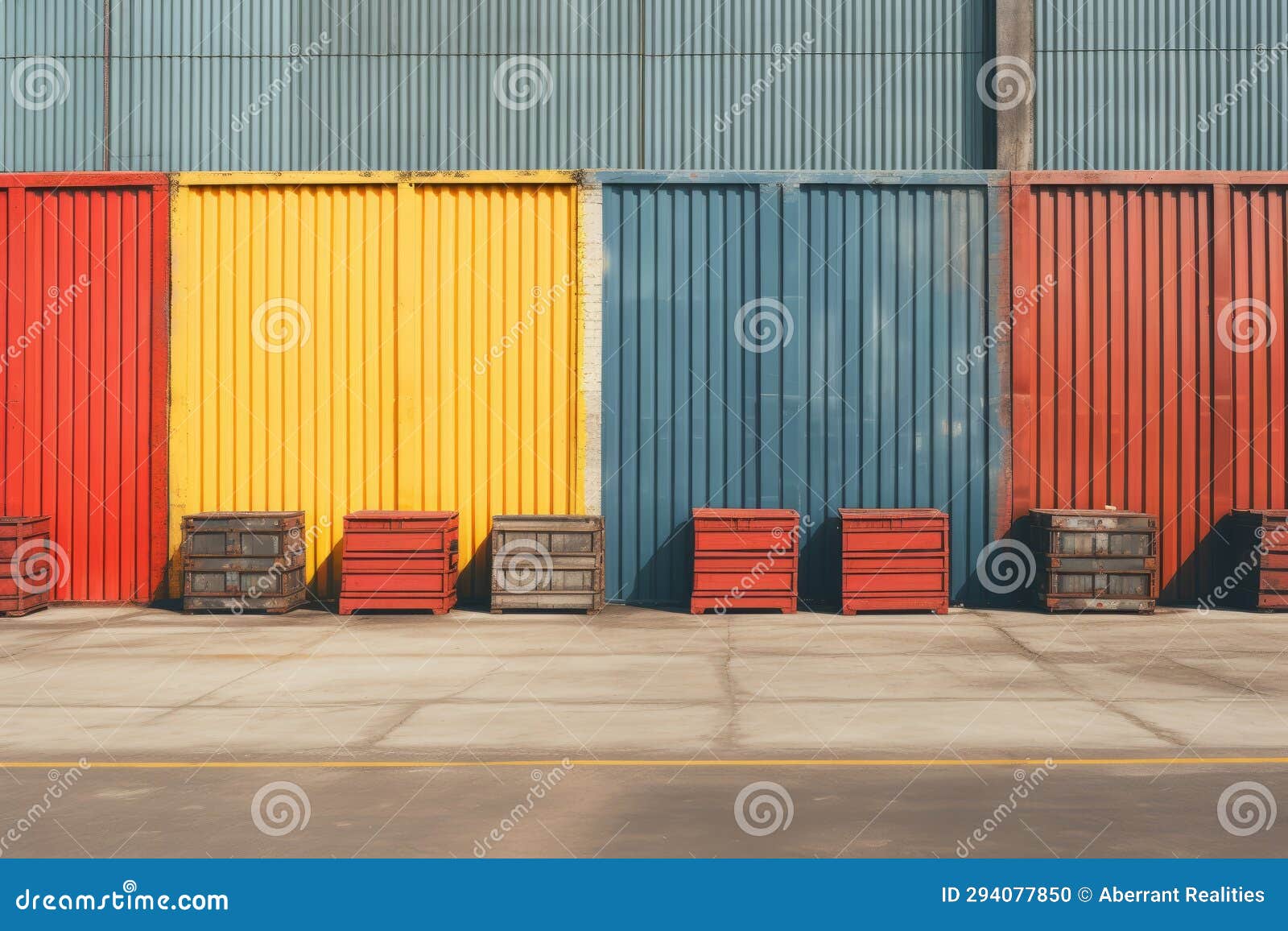 A Row of Colorful Shipping Containers in Front of a Building Stock ...