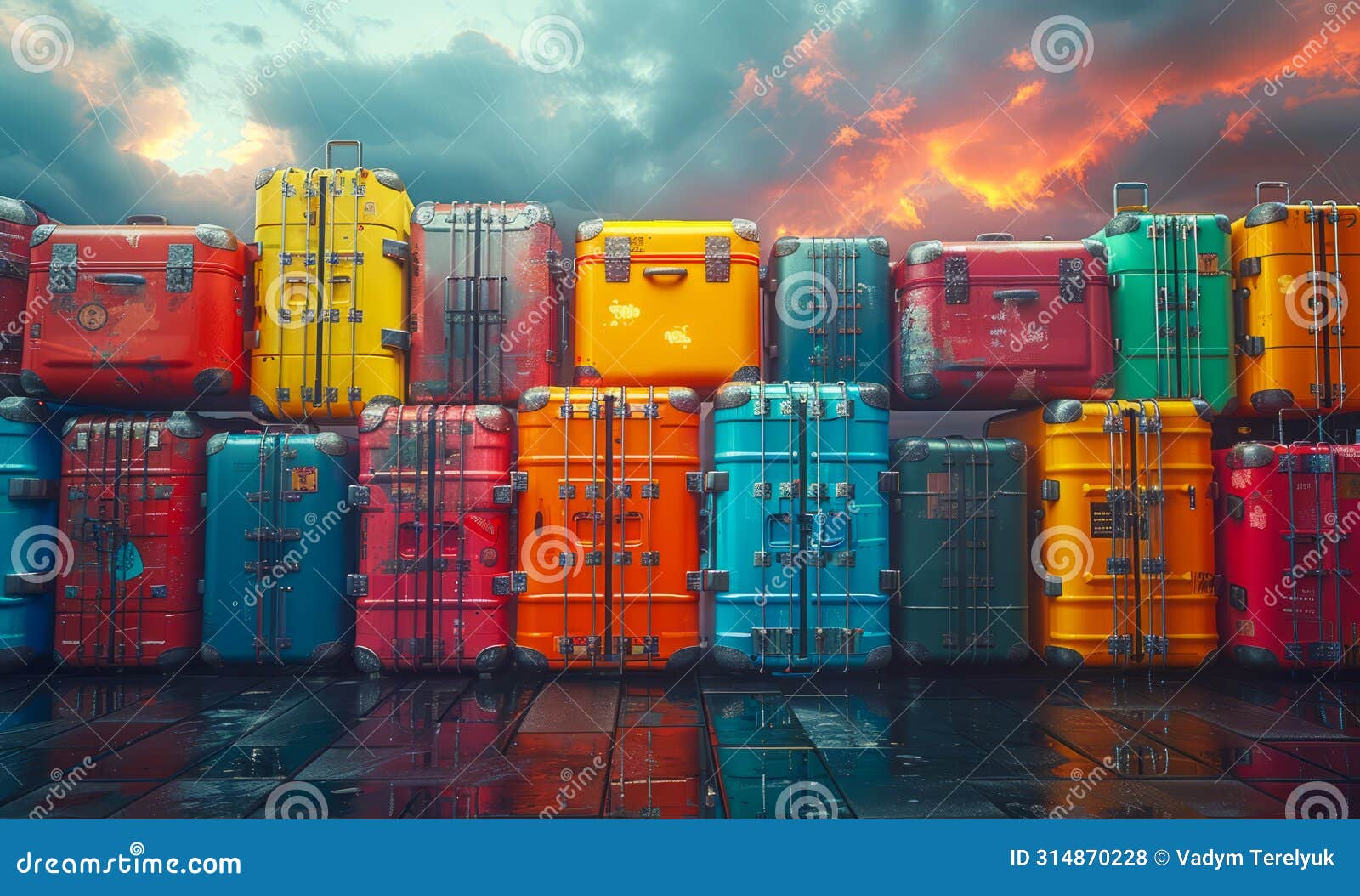 A Row of Colorful Suitcases Stacked on Top of Each Other Stock Photo ...