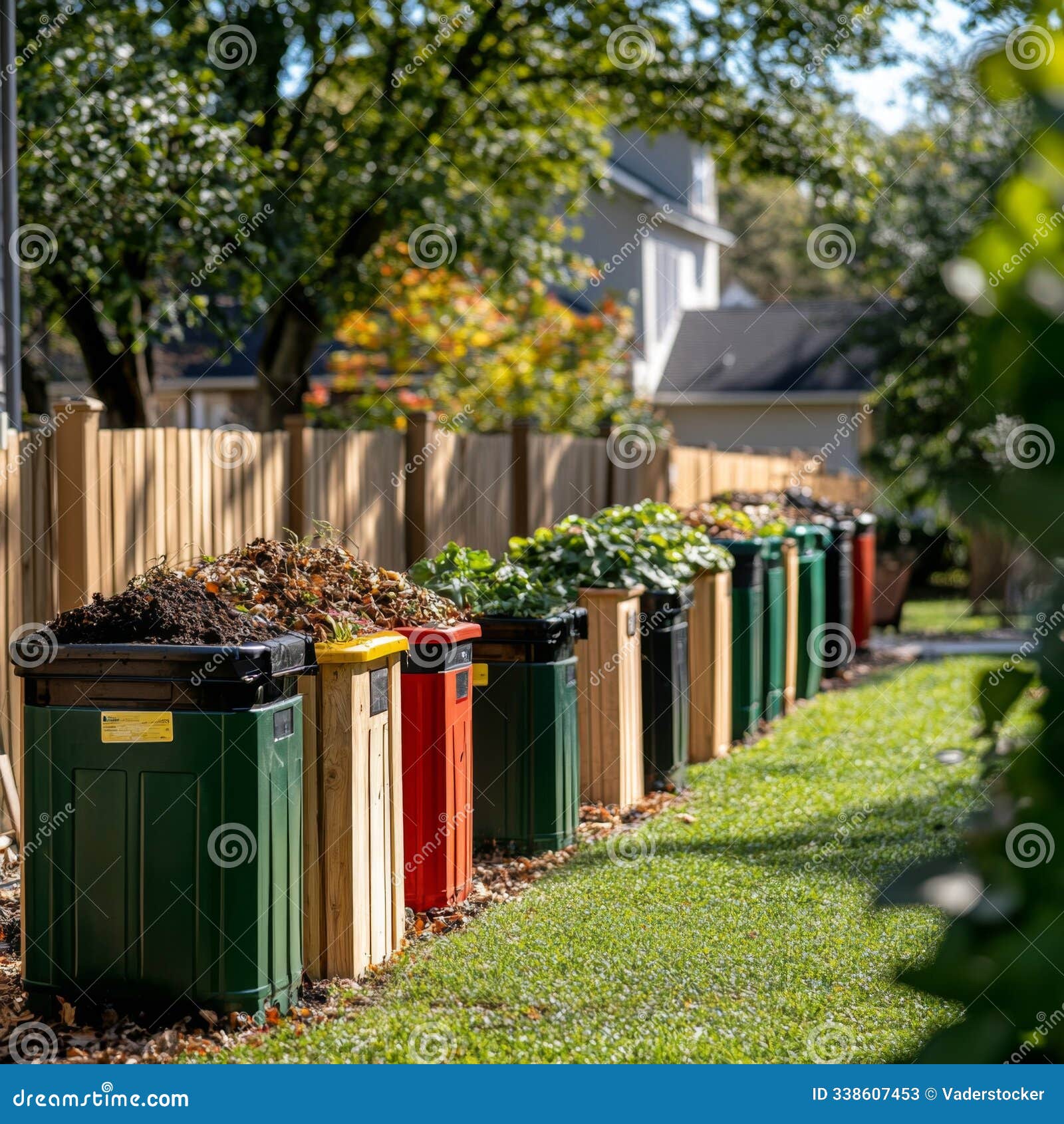 A Row of Compost Bins with Fall Leaves and Plants Stock Illustration ...