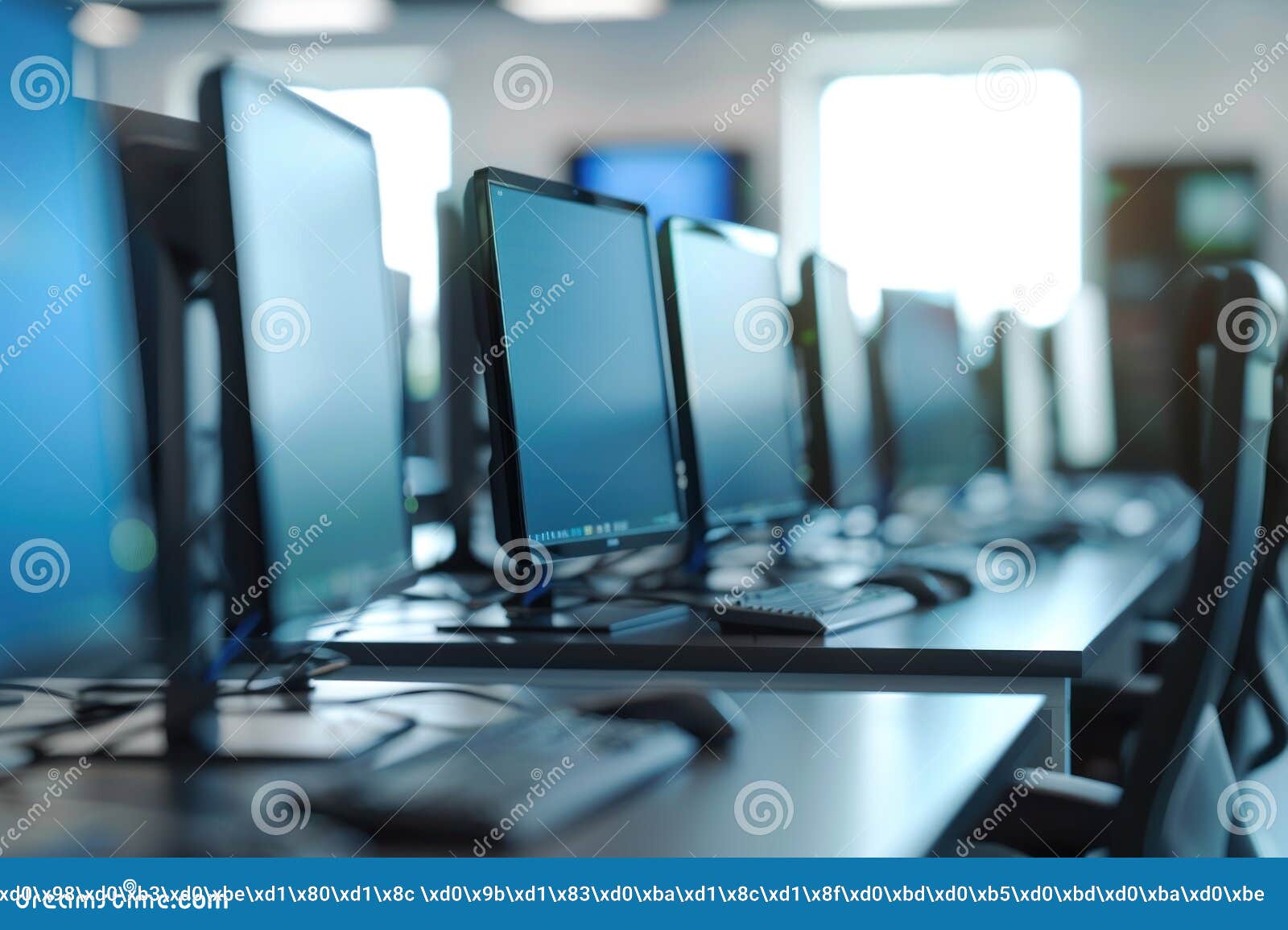 Row of Computer Screens in Bright Modern Office in Shallow Depth of ...