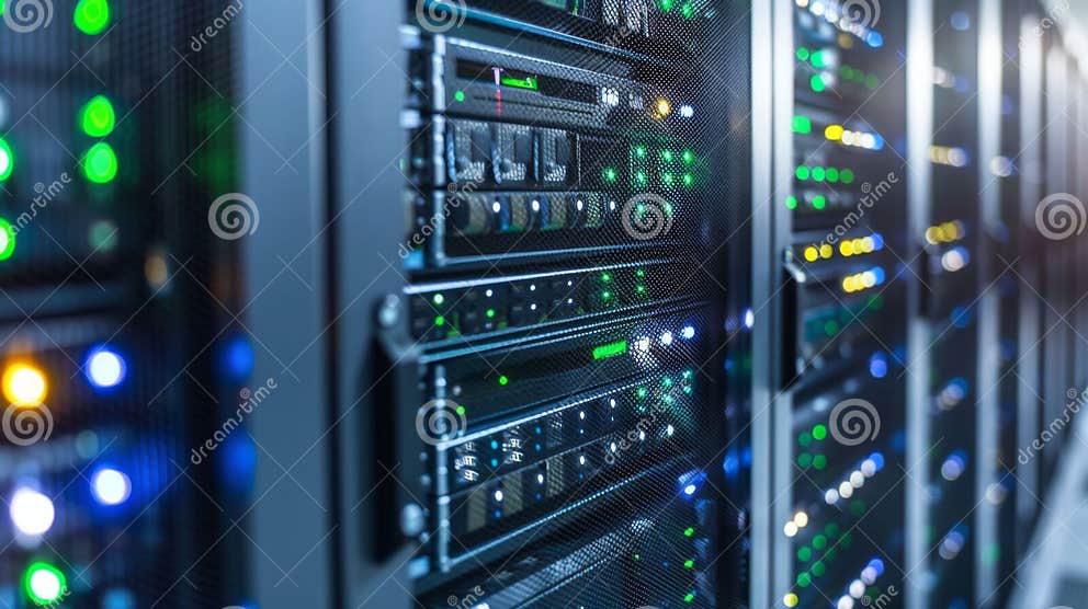 A Row of Computer Servers with Green Lights on Them Stock Photo - Image ...