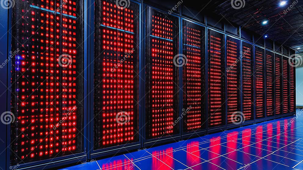 A Row of Computer Servers with Red Lights on Them. the Servers are ...