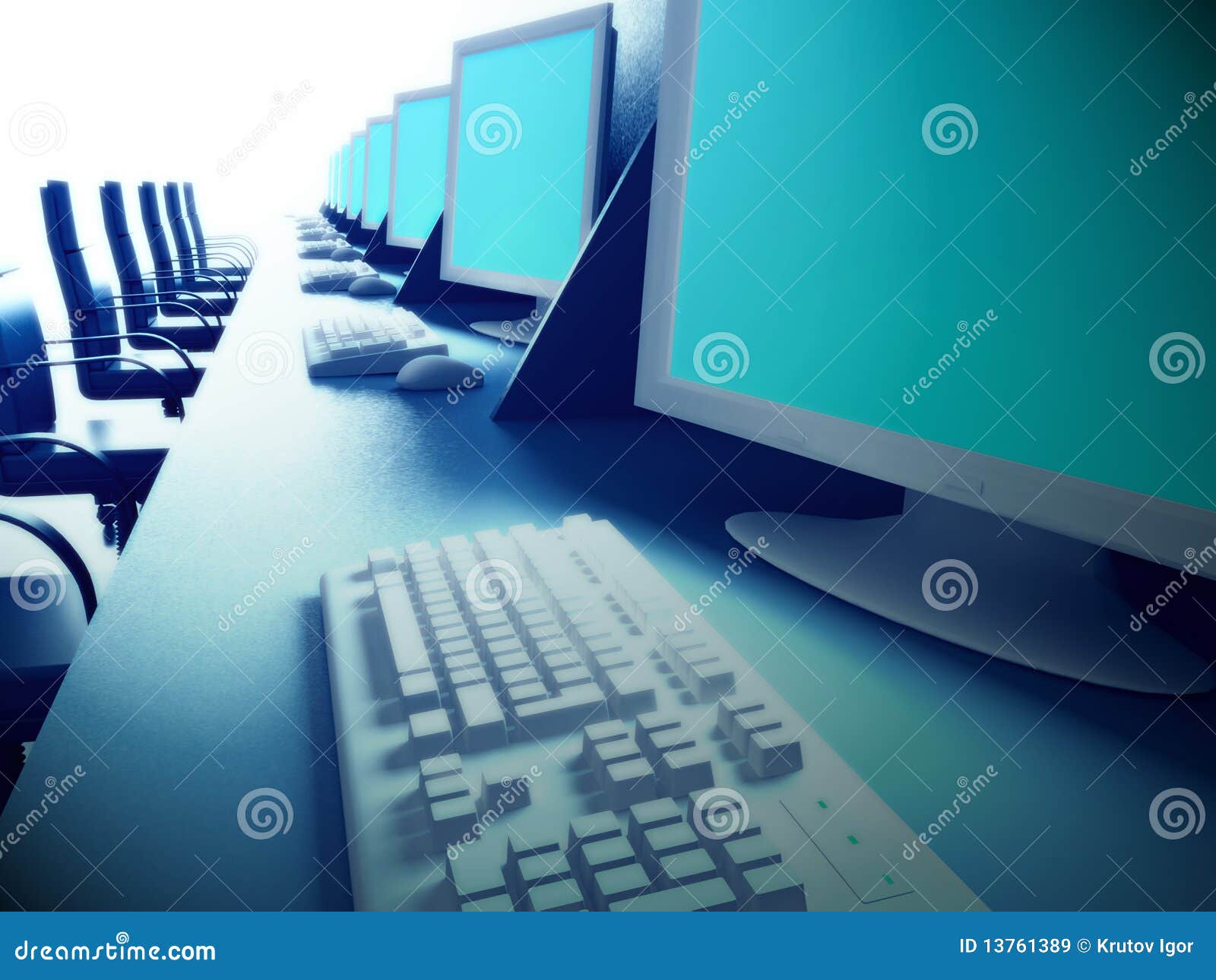 Row of computers on desk stock illustration. Illustration of mice ...