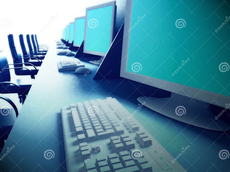 Row of computers on desk stock illustration. Illustration of mice ...