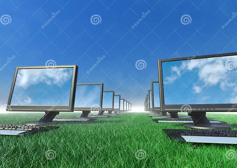 Row of Computers in a Field of Grass. Stock Image - Image of cloud ...