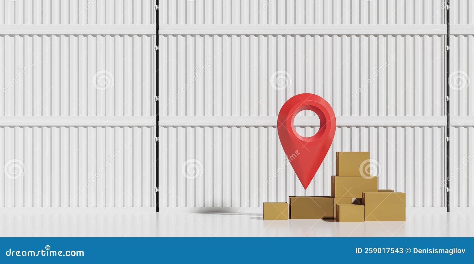 Row of Containers with Geo Tag and Cardboard Boxes. Empty Copy Space ...