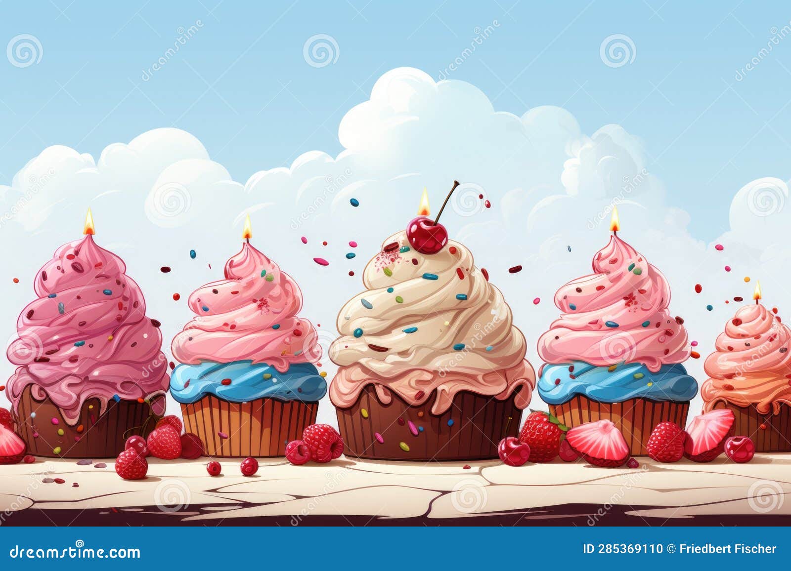 A Row of Cupcakes with Different Toppings. Birthday Card. Stock ...