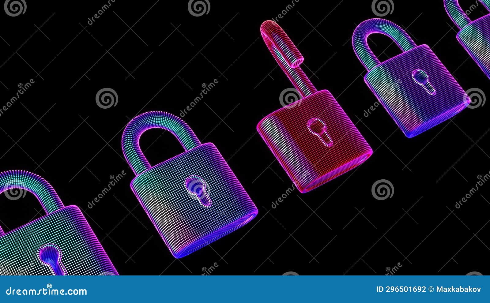 Row of 3D Blue Closed Locks, One of Which Changes Color To Red and ...