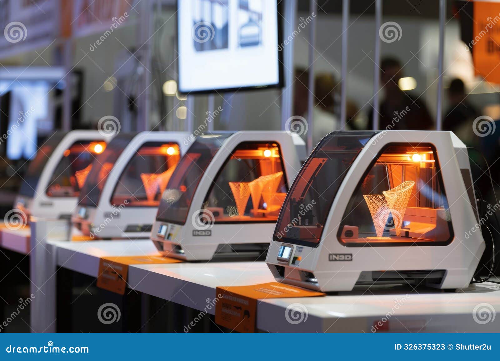 A Row of 3D Printers at Work in a Technology Exhibition Stock ...