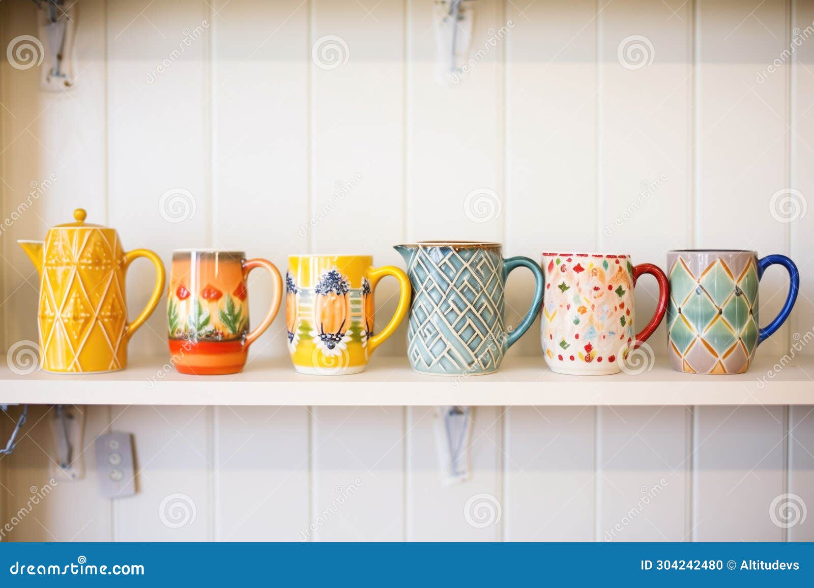 Row of Decorative Mugs on Shelf Stock Photo - Image of home, items ...