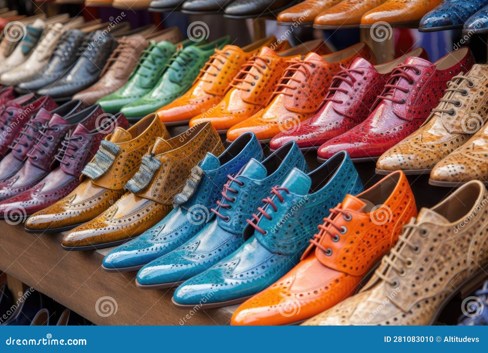Row of Designer Shoes in Eye-catching Array of Colors and Textures ...