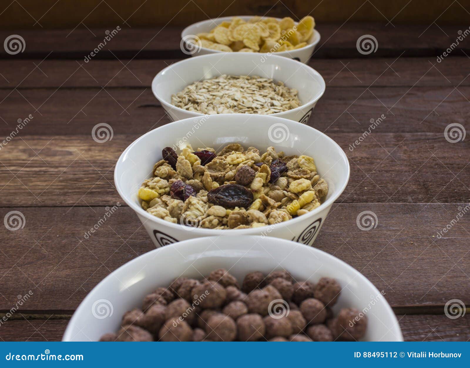 Row of Different Cereal Breakfast in White Bowl on Wooden Table Stock ...