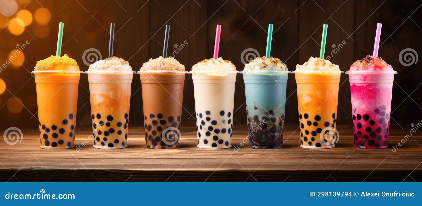 A Row of Different Colored Bubble Teas Stock Photo - Image of glass ...