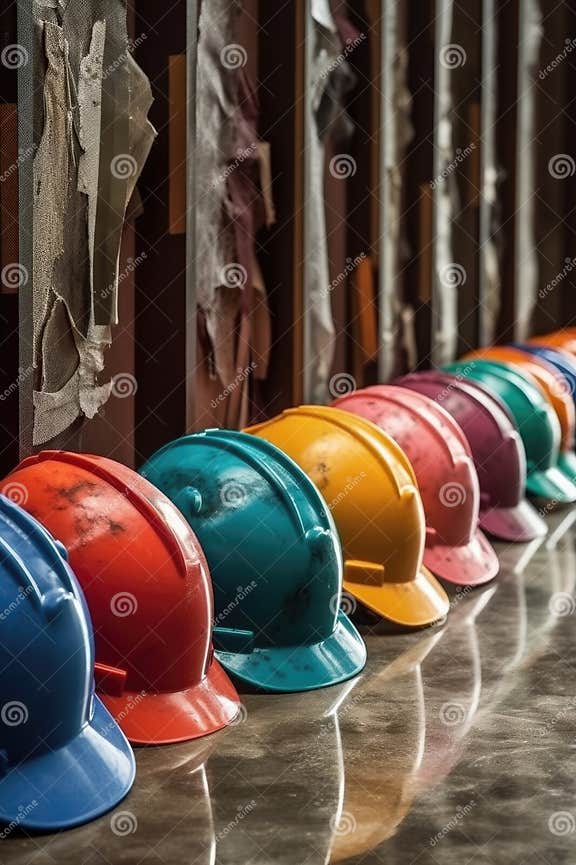 A Row of Different Colored Hard Hats Symbolizing Teamwork Stock ...
