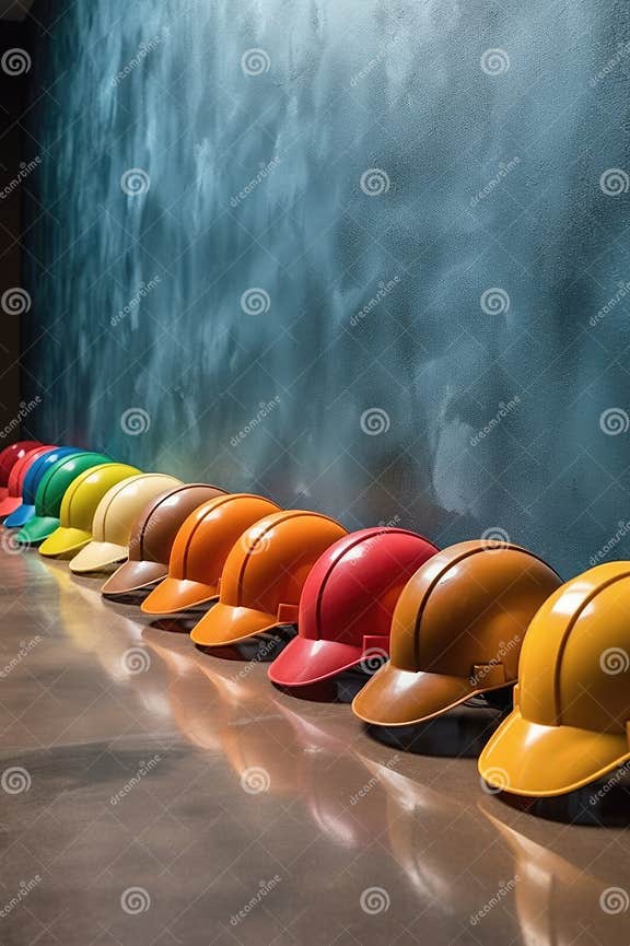 A Row of Different Colored Hard Hats Symbolizing Teamwork Stock ...