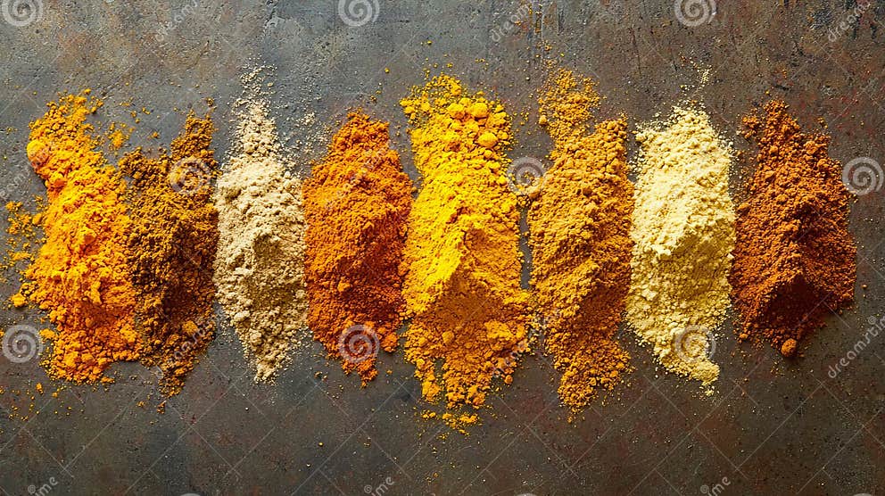 A Row of Different Colored Powders on a Metal Surface Stock Photo ...