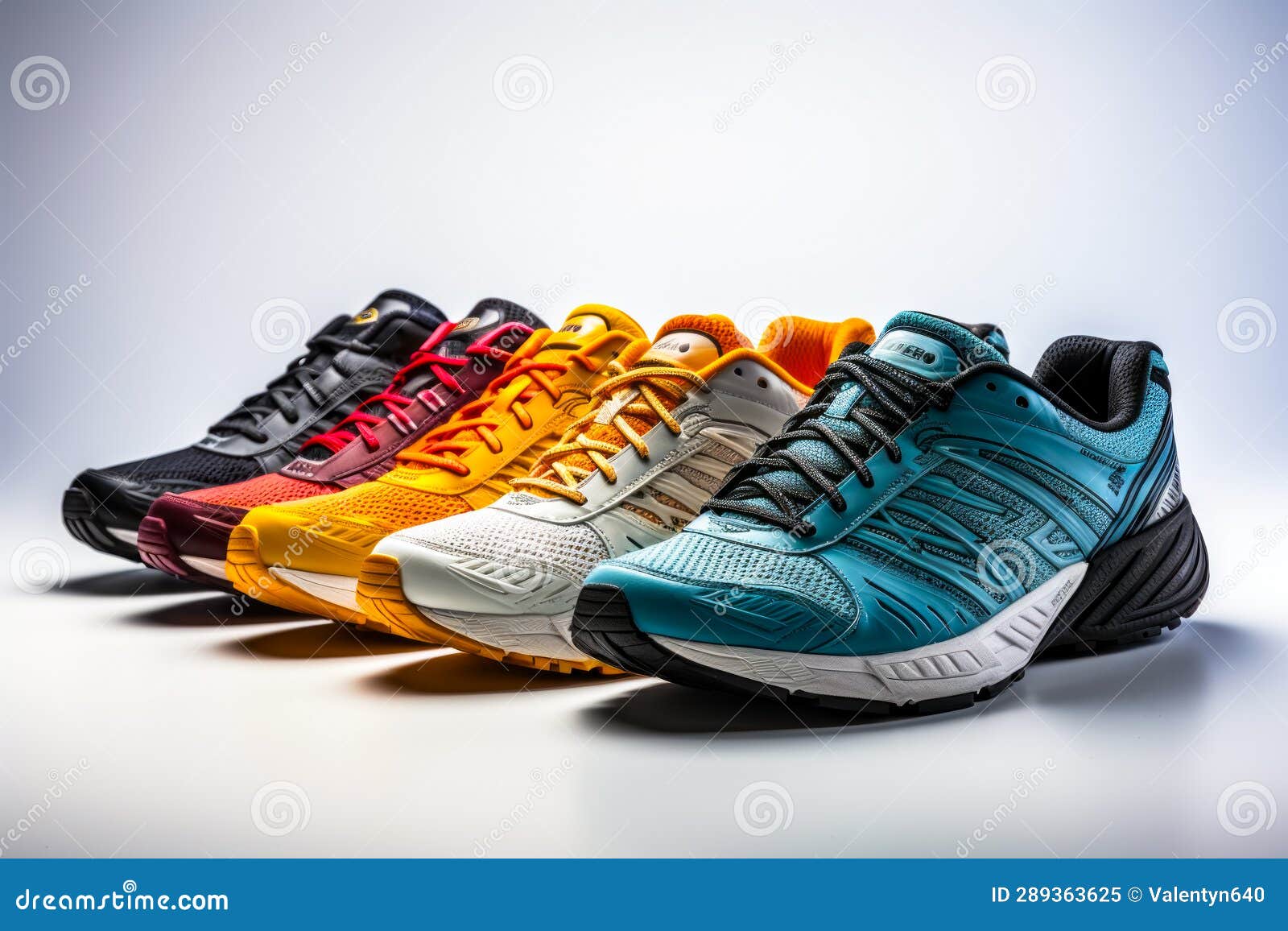 Row of Different Colored Shoes on White Surface with White Background ...