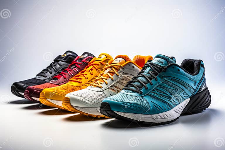 Row of Different Colored Shoes on White Surface with White Background ...