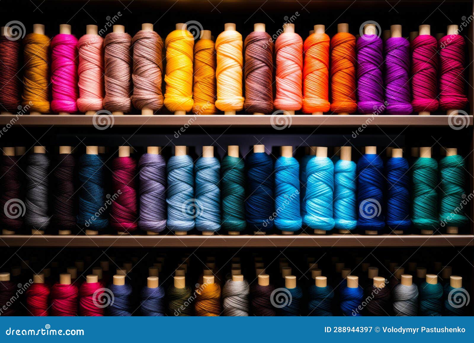 Row of Different Colored Spools of Thread on Shelf. Generative AI Stock ...