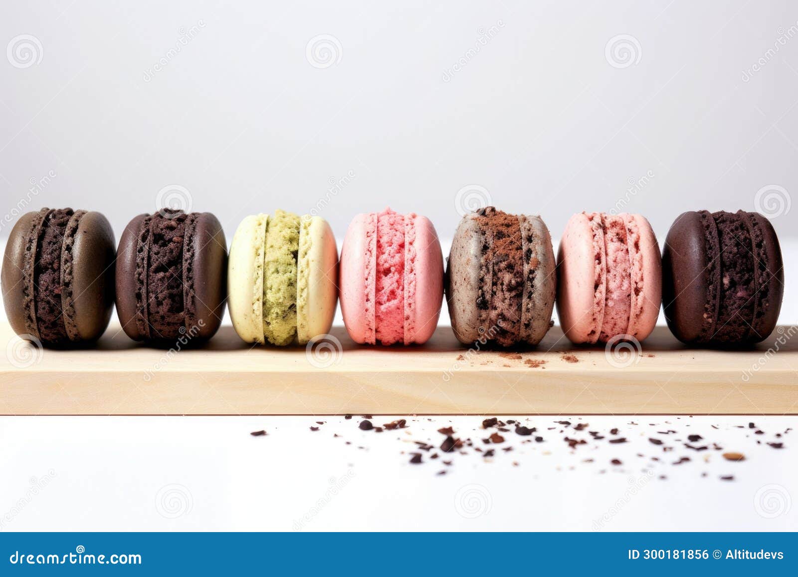 A Row of Different Flavored Macarons with Ingredient Labels Stock Photo ...